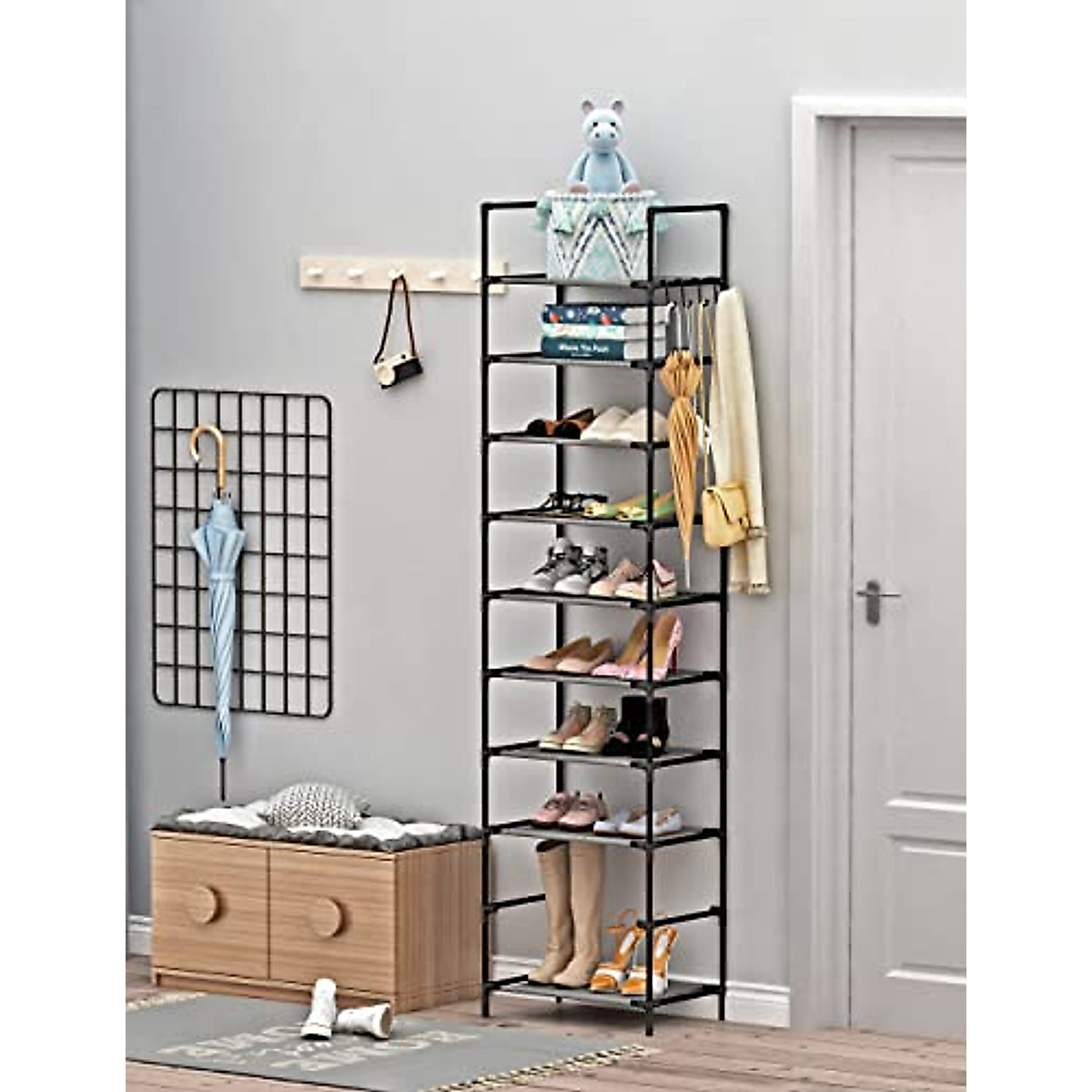 Wodeer Shoe Rack,10 Tiers Tall Free Standing Shoe Racks,Narrow Shoe Storage 20-24 Pairs Shoes, Space-Saving Shoe Shelf Organizer for Closet,Entryway,Metal Frame&Non-Woven Shelves,Black.
