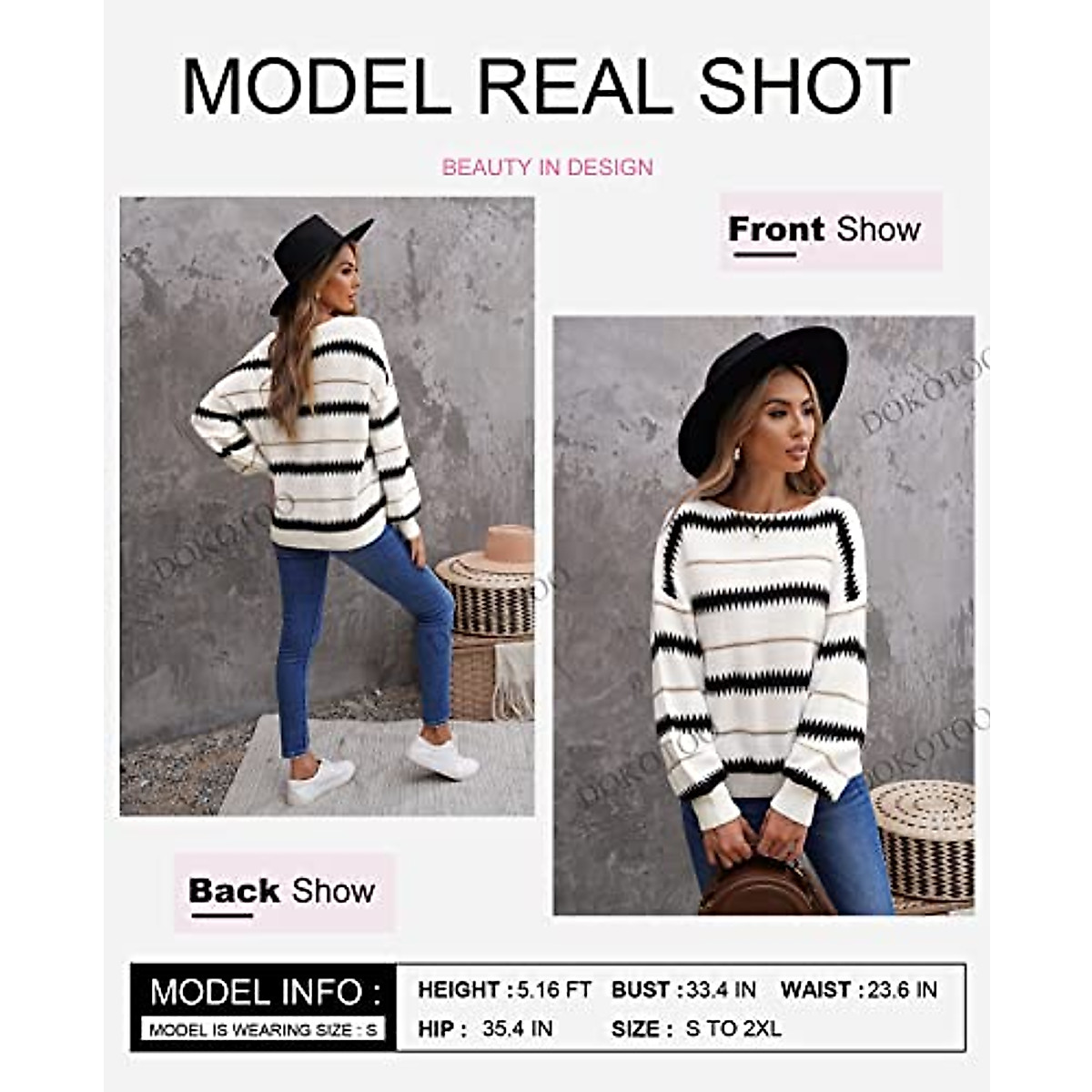 Dokotoo Long Sleeve Crewneck Striped Pullover Sweaters for Women Winter Casual Loose Knit Pullover Sweater Jumper Tops White Medium