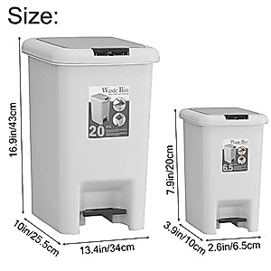 JIUCHUAN 3 Pack Trash Can 5.3 Gallon and 1.7 Gallon Kitchen Garbage Bin Combo Set, Step-On Trash Can with Lid and Pedal, 20 Liter and 6.5 Liter Capacity Waste Bin for Bathroom,Kitchen,Office,Grey