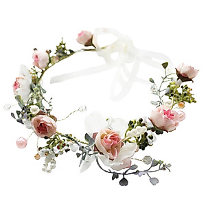 Vivivalue Floral Halo Boho Flower Headband Floral Crown Headpiece Hair Wreath with Ribbon Wedding Party Prom Photos Festival Pink