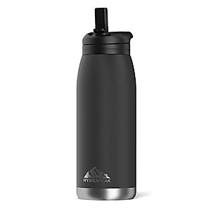 Hydrapeak Flow 32oz Insulated Water Bottle with Straw Lid | Double Wall Vacuum Insulated Stainless Steel Water Bottles, BPA-Free and Leak-Proof, Wide Mouth Flask with Bite Straw and Handle (Black)