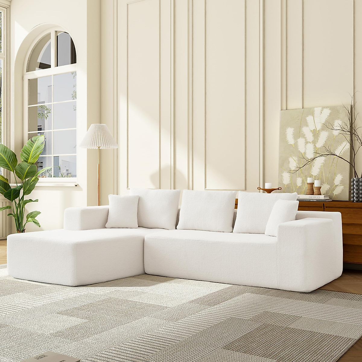 Sectional Floor Sofa Couch, Corner L Shaped Sectional Sofa Set Modern Minimalist Modular,Convertible Compressed Cloud Sofa w/Lounge,Sherpa Fabric,Deep Seater,High-Density Foam(Off White 4 Seater)