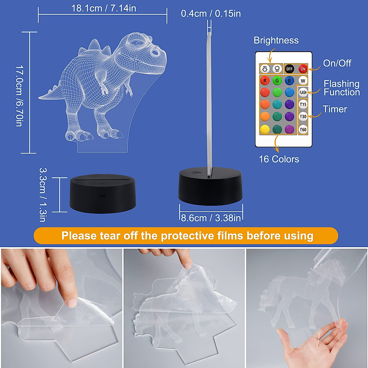 FULLOSUN Night Light for Kids Dinosaur T-rex 3D Night Light Bedside Lamp 16 Colors Changing with Remote Control, Xmas Halloween Birthday Gift for Child Baby Boy