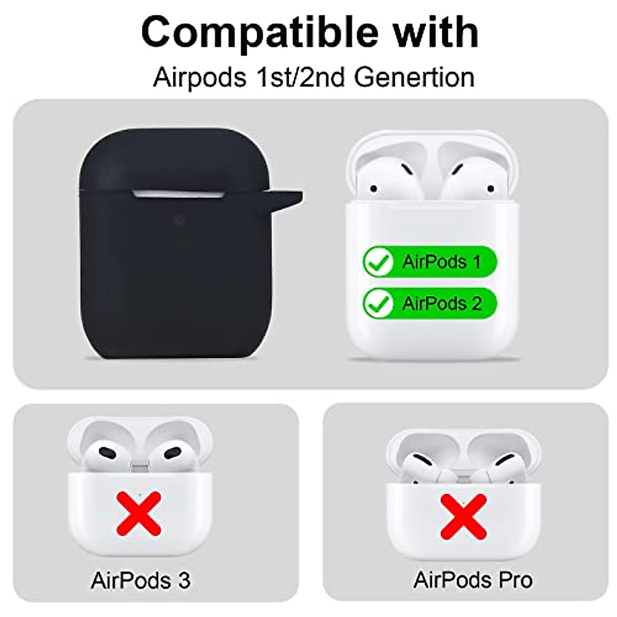 Enbiawit Silicone Airpods Case Cover,Compatible with AirPods 1/2 Case,Silicone Protective Case with Bracelet Keychain(Black)