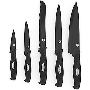 Vremi 10 Piece Black Knife Set - 5 Kitchen Knives with 5 Knife Sheath Covers - Chef Knife Sets with Carving Serrated Utility Chef's and Paring Knives - Magnetic Knife Set with Matching Black Case
