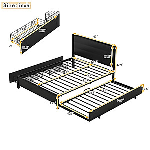 VilroCaz Queen Size Heavy Duty Metal Platform Bed with Twin Size Trundle and 2 Drawers, Mattress Foundation Platform Bed Frame with Headboard and Solid Slats Support for Bedroom Guest Rooms