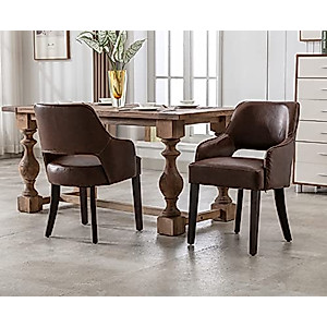 Kmax PU Leather Dining Chairs Set of 2 Upholstered Side Chairs Farmhouse Accent Chairs with Open Back Wood Legs for Dining Room Guest Room Restaurant, Brown