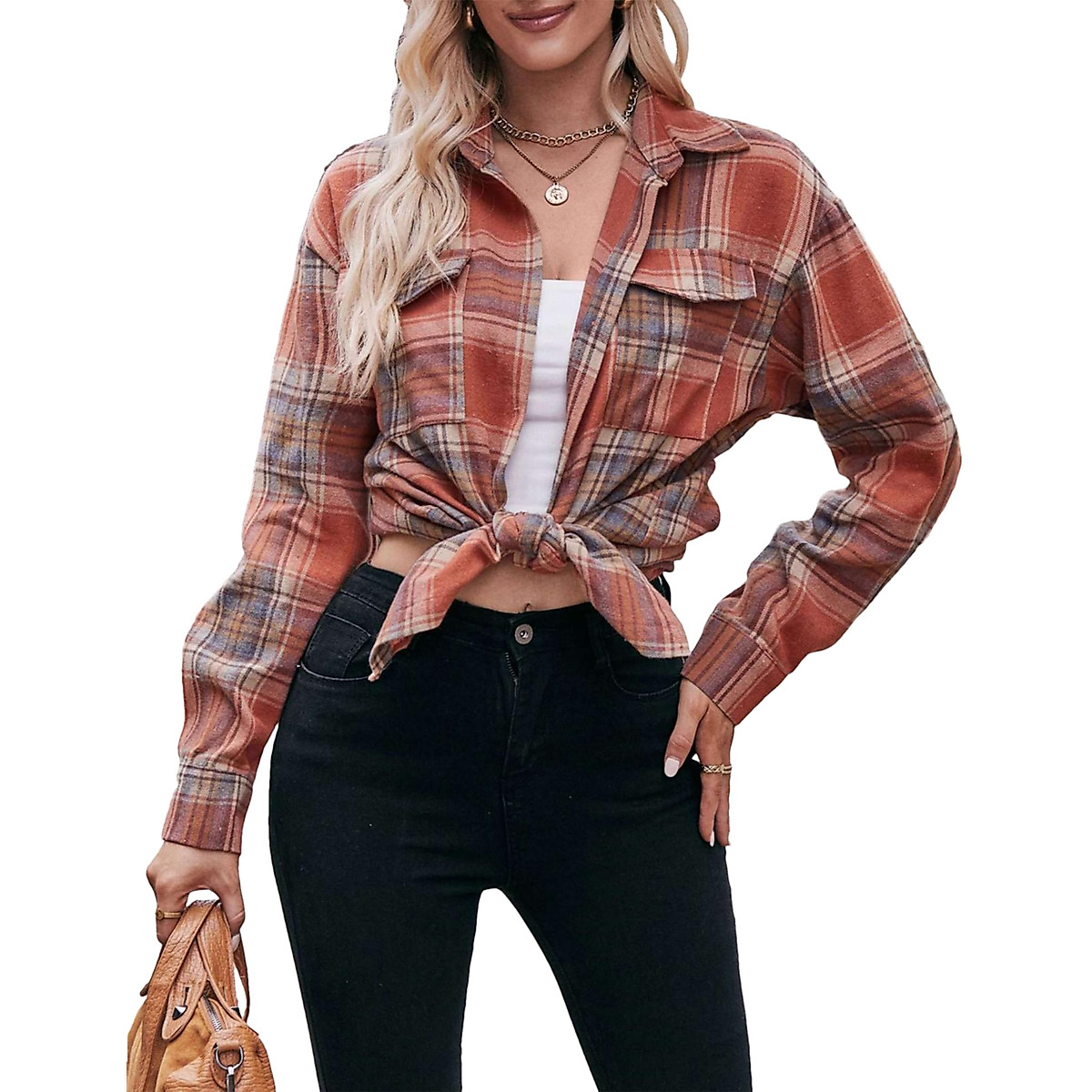 Korebow Women's Lightweight Flannel Plaid Button Down Shirts Oversized Long Sleeve Shacket Jacket Tops(0200-Orange-XL)