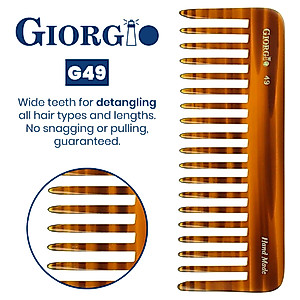 Giorgio G49 Large 5.75 Inch Hair Detangling Comb, Wide Teeth for Thick Curly Wavy Hair. Long Hair Detangler Comb For Wet and Dry. Handmade of Quality Cellulose, Saw-Cut, Hand Polished, Tortoise Shell