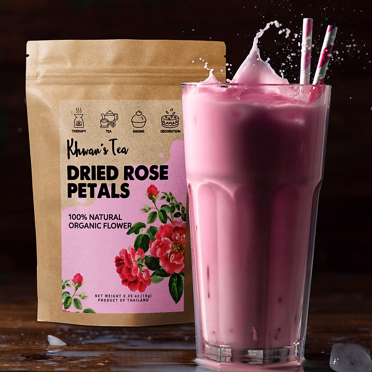 KHWAN'S TEA Premium Dried Rose Petals - Plant-based & Edible Flowers for Baking Decoration, Desserts, Syrup, DIY Crafts, Candle, Bath & Fragrant Soap - Herbal Tea, 0.35oz (10g)