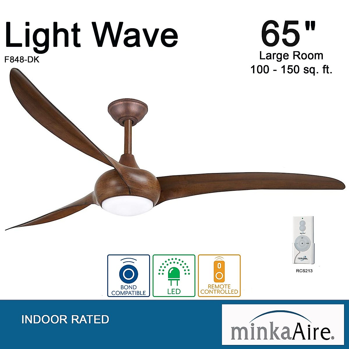 MINKA-AIRE F848-DK Light Wave 65" Ceiling Fan with LED Light and Remote Control in Distressed Koa Finish