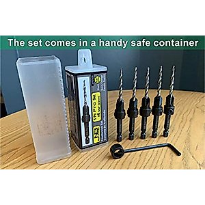 JNB Pro Wood Countersink Drill Bit Set JP0506, 5 Pc #6(9/64"), 2 Extra Bits 9/64 Tapered Drill Bit, 1 Adjustable Collar, 1 Wrench - 1/4" Quick Change Shank, Ideal Woodworking and Carpentry Tool Set