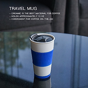 UDMG Ceramic Double Wall Insulated Travel Coffee Cup with Slider Lid, Silicone Sleeve & Built-in Coaster, 10 fl.oz (Coffee)