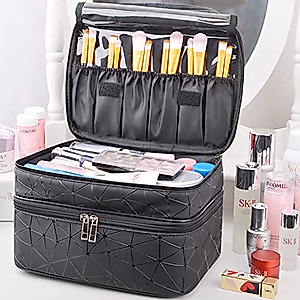 MKPCW makeup bag Large Double-layer cosmetic bag with brush bag and divider Makeup Case Organizer (Black)