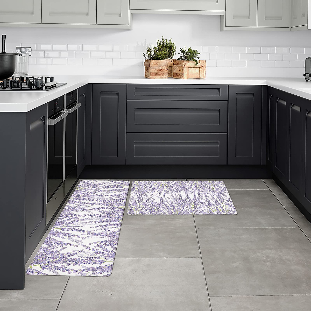 LooPoP Kitchen Comfort Mat Set of 2 Lavender Flower Pattern Waterproof Anti-Fatigue Standing Mats Wipeable Rugs for Kitchen Purple 15.7x23.6inch+15.7x47.2inch