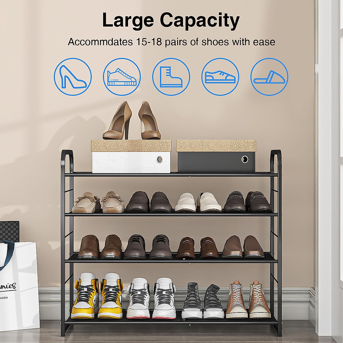 AIYAKA 4-Tier Shoe Rack Storage Organizer, Metal Stackable and Adjustable Shoe Rack for 16 Pairs of Shoes for Entryway Closet Doorway, Black