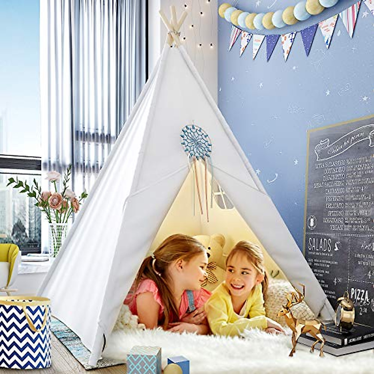 Teepee Play Tent for Kids with Gifts Coloured Flag, Feathers and Carry Case, Indoor Outdoor Playhouse for Baby Toddler, Teepee Toys for Boys and Girls