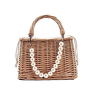 ZHYLing Handmade Woven Purse Wicker Beach Handbag Fashion Women Pure Color Rattan Woven Pearl Basket Handbag Mini Tote Lunch Bags (Color : 1)