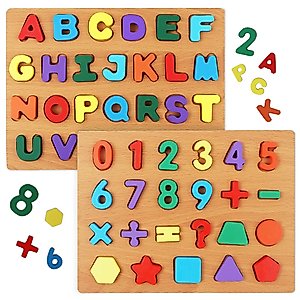 Puzzles for Toddlers, 2 Pack Wooden ABC Alphabet Number Shape Puzzles Toddler Learning Puzzles Toys Ages 1-3, Preschool Educational Toys Gift for Kids Boys Girls 2-4 Years Old