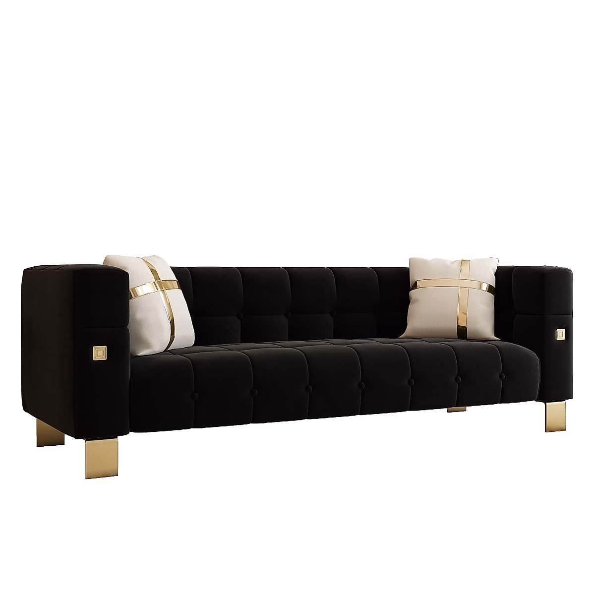 Hommoo Mid Century Modern Sofa for Living Room Velvet Sofa Small Couch for Small Space Chesterfield Sofa Couch with Gold Legs for Apartment Bedroom Office with Pillows 89" Set of 2 Black