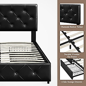 Yaheetech Queen Size Upholstered Bed Frame with 4 Drawers and Adjustable Headboard, Faux Leather Platform Bed with Mattress Foundation Strong Wooden Slats Support, No Box Spring Needed, Black