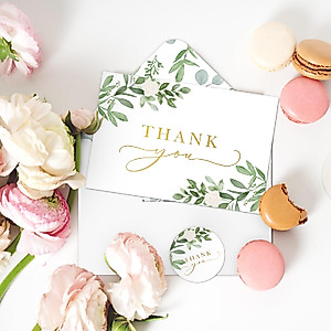AnyDesign 24 Pack Thank You Cards with Envelopes Stickers Watercolor Green Leaves Blank Note Cards Bulk Eucalyptus Leaf Thank You Greeting Cards for Wedding Baby Shower Bridal Shower, 4 x 6 Inch