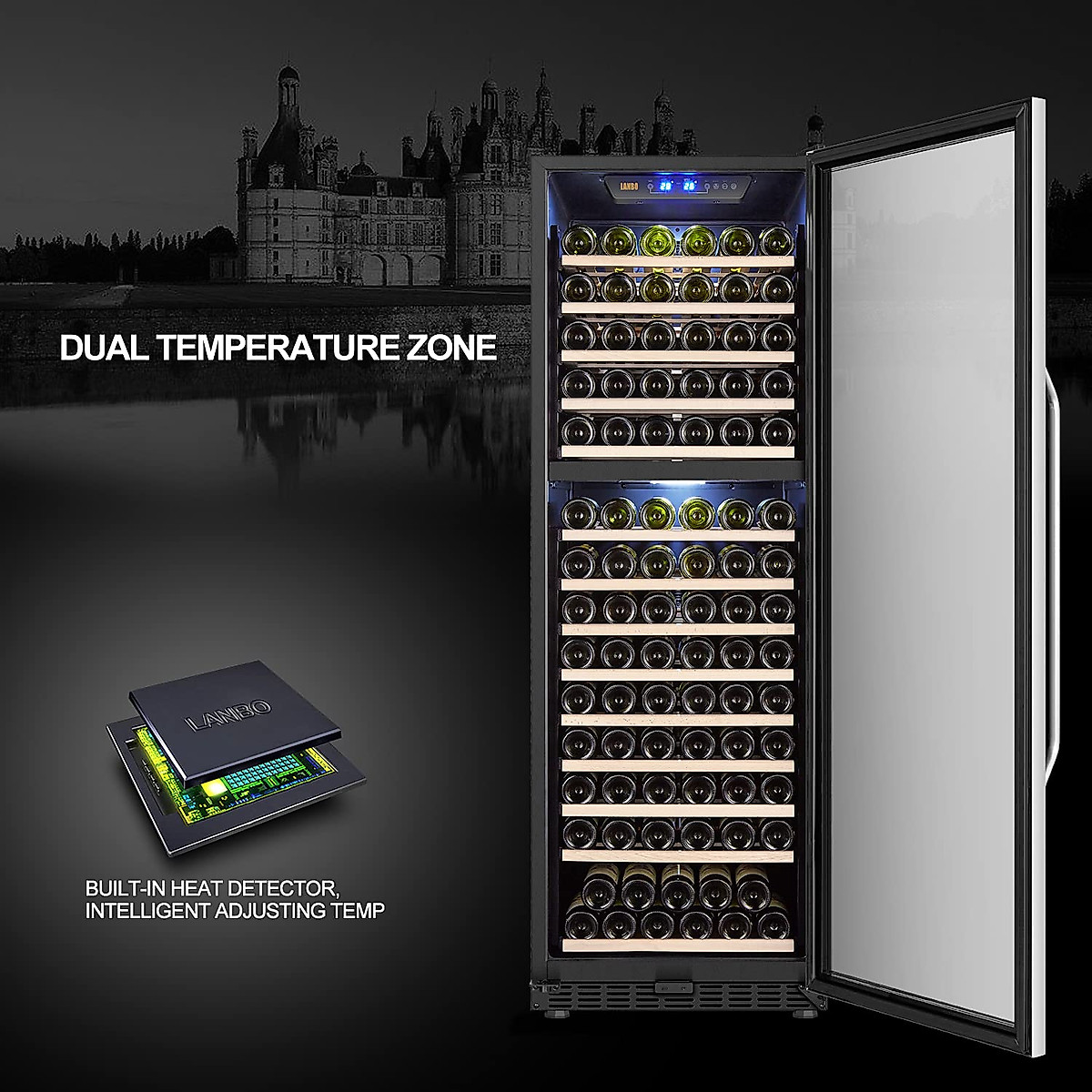 Lanbo Dual Zone Compressor Red Wine Cooler with Wooden Shelves, 160 Bottles