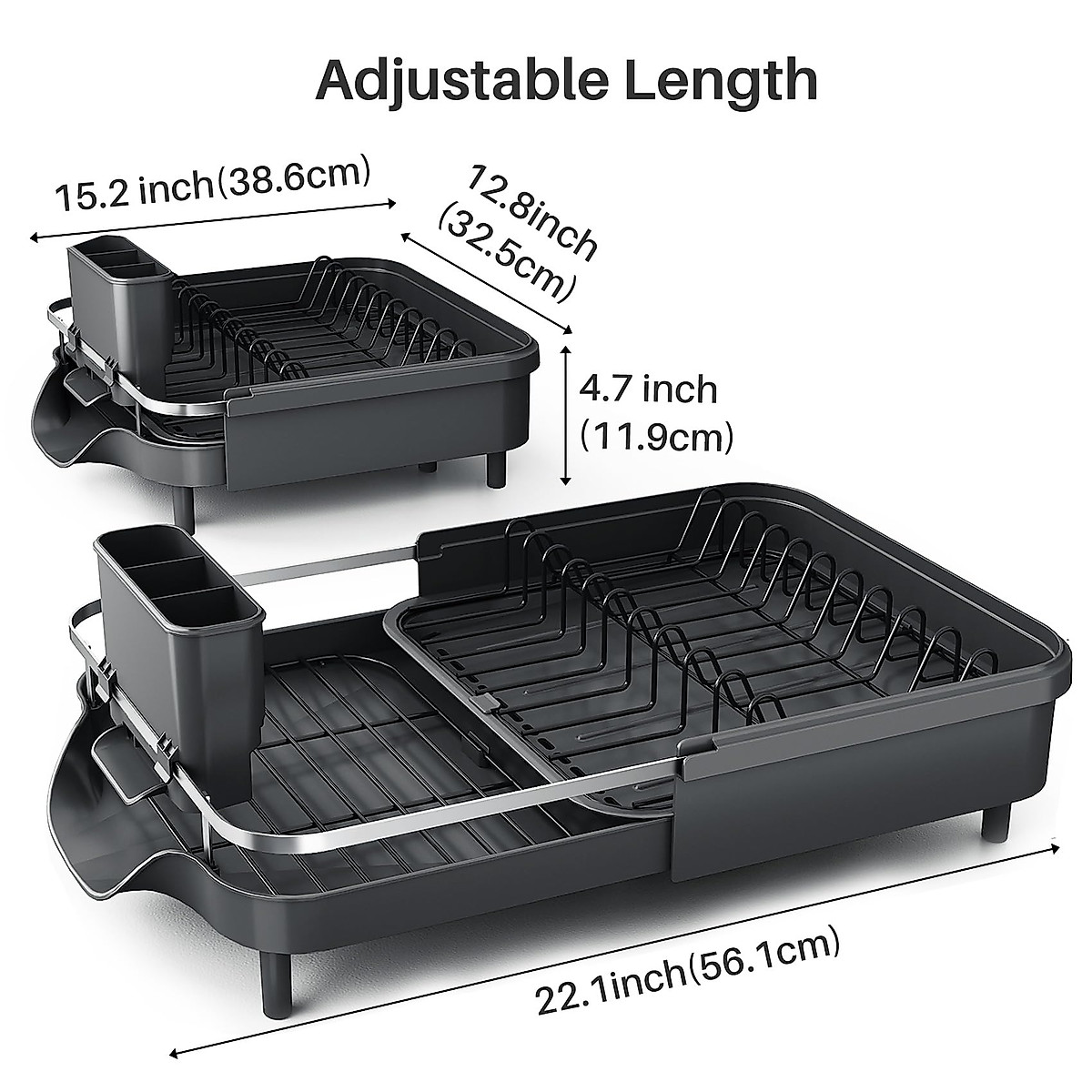 Dish Drying Rack - Extendable Dish Rack for Kitchen Counter, Saving Countertop Space Dish Drainer, Stainless Steel Kitchen Drying Rack with Cutlery Holder, 22.1''L x 12.8''W (Black)