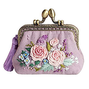 Firecolor DIY Coin Purse Flowers Embroidery Mini Retro Style Handmade Bag Cloth Material Package,Purple