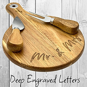 Mr & Mrs Wedding Gift Small Acacia Wood cheese board For charcuterie. Laser Engraved Present In a book like box for newlywed couples. Stainless Steel Utensils.(round)