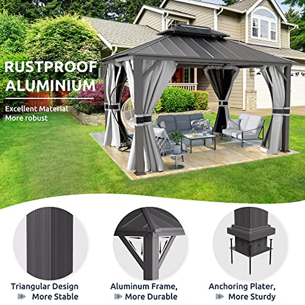 UDPATIO 10' x 12' Hardtop Gazebo, Galvanized Steel Double Roof Permanent Aluminum Gazebo, Outdoor Metal Pergolas with Mosquito Netting and Curtains for Garden, Parties, Patio, Deck, Lawns, Grey