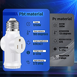 SerBion E26 Light Socket to Plug Adapter - 2 Pack 2/3 Prong Light Socket Outlet - Light Bulb Plug Adapter, Polarized Light Socket Adapter Splitter Converter for Garage Porch (White)