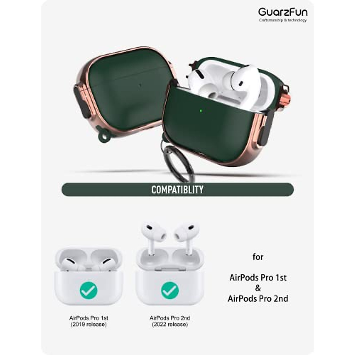 GuarzFun case for AirPods Pro 2nd Generation case 2022, Secure Lock Clip case, Hybrid Material, Full Body Protective Cover for New AirPod Pro 2 & AirPod Pro (Rose Golden + Green)