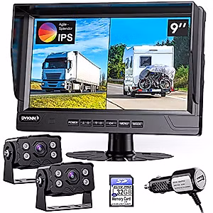 DVKNM RV Backup Camera System 9" AHD IPS Dual Split Monitor 1080P HD Rear View Camera DVR Loop Recording IP69 Waterproof Night Vision for Car RV Trailer Truck Bus Semi etc. (TH102)