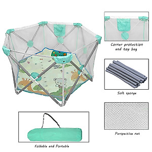 HTTMT- Hexagon Safety Playpen Portable Foldable Mesh Playard Infants Baby Toodler Animals Fence w/Travel Bag Nursery Furniture for Indoor Outdoor - Tif Blue