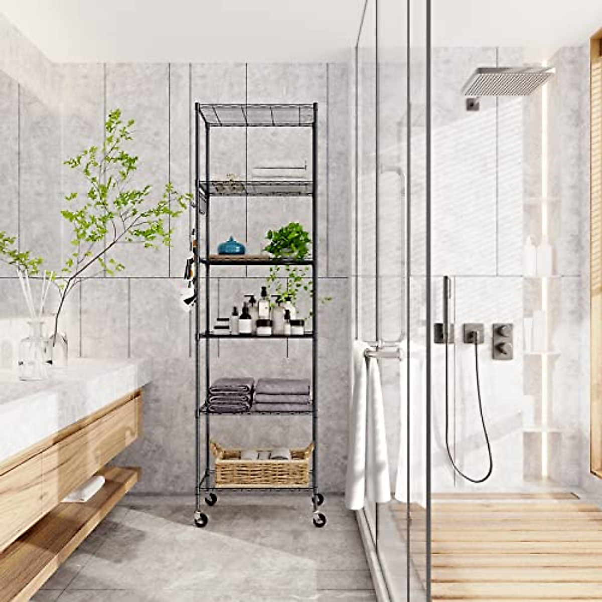 Homdox 6-Tier Storage Shelf Wire Shelving Unit Free Standing Rack Organization with Caster Wheels, Stainless Side Hooks, Black