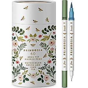 Primrosia 60 Dual Tip Marker Pens, Fineliner and Watercolor Brush Pens for Art Sketching Illustration Calligraphy Permanent Highlighter Bullet Journal Drawing Coloring