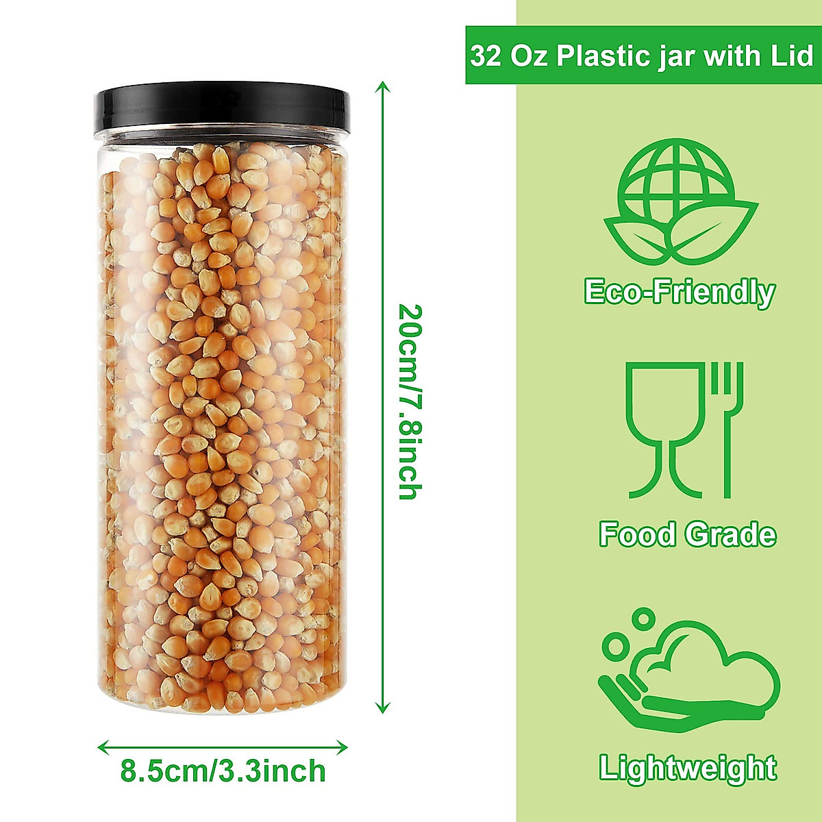 LISHINE 8 Pack 32 oz Plastic Jars with Lids Clear Airtight Food Storage Jars with Lids Reusable Round Empty Plastic Cylinder Container with Black Lids for Kitchen Food & Home Storage of Cookie