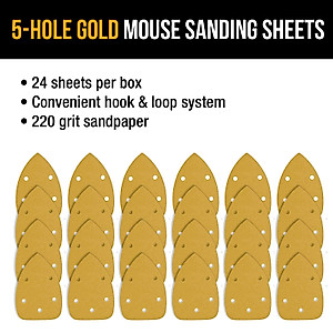 Dura-Gold Premium Mouse Detail Sander Sandpaper Sanding Sheets - 220 Grit (Box of 24) - 5 Hole Pattern Hook & Loop Triangle Mouse Discs - Woodworking Wood, Furniture Crafting, Sand Automotive Paint