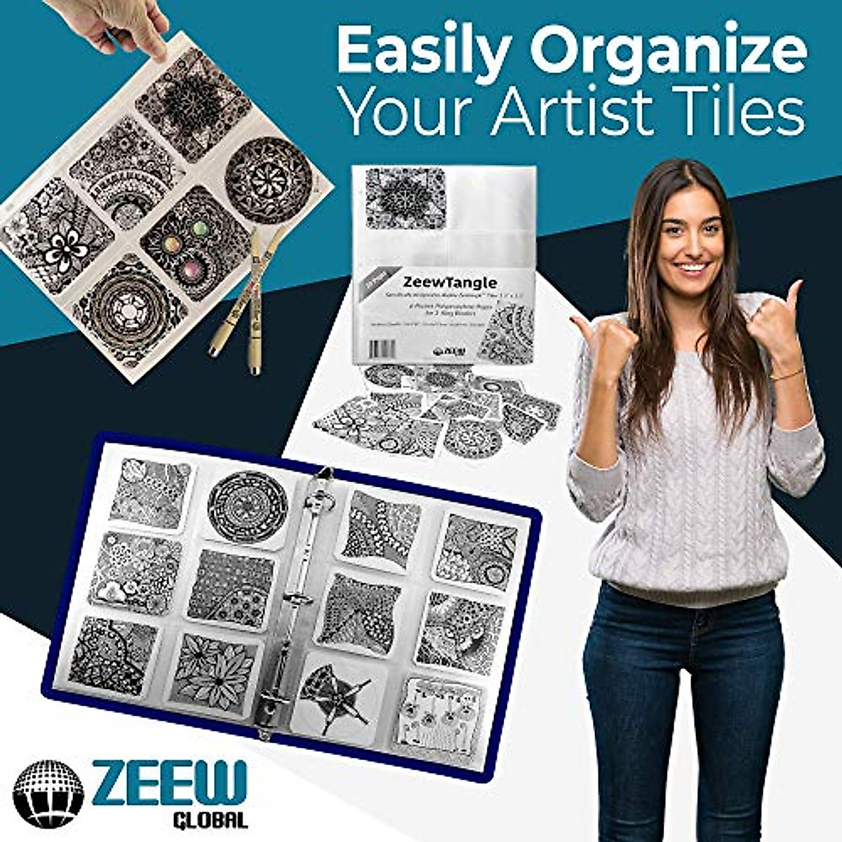 Zentangle Tiles Storage Pages for 3.5"x3.5" Zentangle Artist Tiles - 6 Pocket Top Loading for 3-Ring Binders / 20 Pages per Pack/Holds 240 Zentangle Tiles