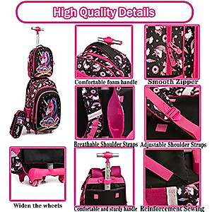Girls Boys Kids Rolling Backpack with Wheels Trolley School Bag Waterproof Travel Luggage for Kids Girls and Students lunch bag Lightweight and Multi functional(Black Unicorn 16inch)