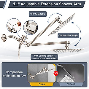 Shower Head Brushed Nickel, 10" High Pressure Rain Shower Head and 6 Spray Settings Handheld Shower Head Combo, Built-in Power Wash, with 11’’ Extension Arm/60" Hose, Height/Angle Adjustable