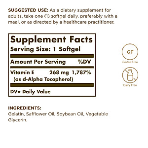 SOLGAR Vitamin E 268 mg (400 IU) - 250 Softgels - Naturally-Sourced Vitamin E as d-Alpha Tocopherol - Gluten Free, Dairy Free - 250 Servings
