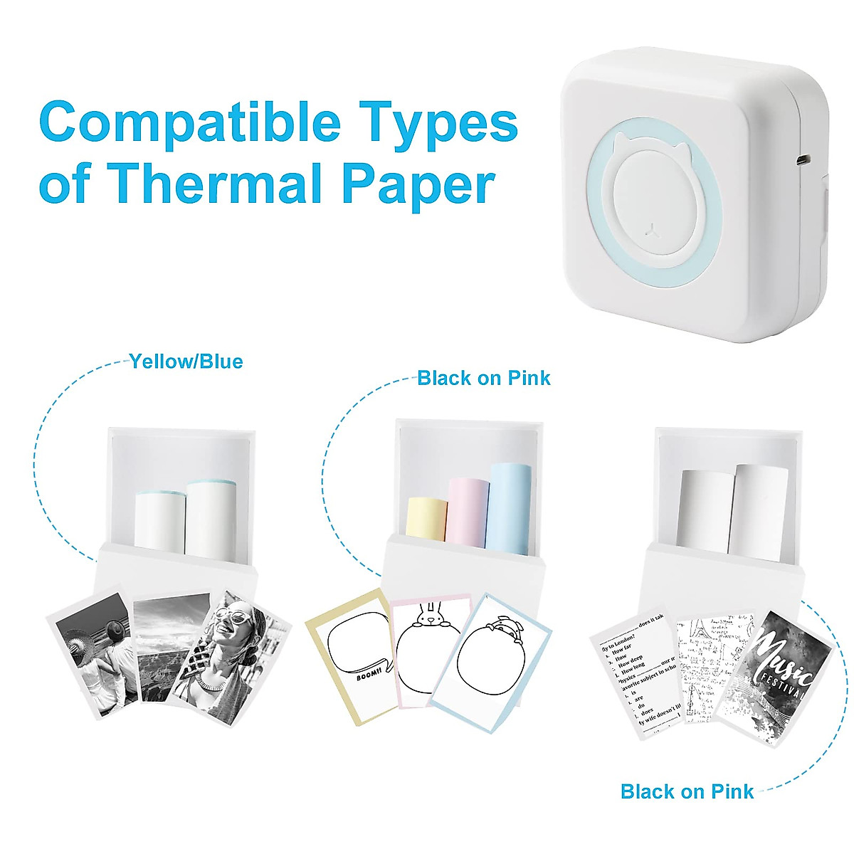 Mini Printer Portable, Pocket Thermal Printer with 7 Rolls Paper, Bluetooth Wireless Instant Photo Printer Compatible with iOS Android for Picture Receipt Label Note QR Code Inkless Printing