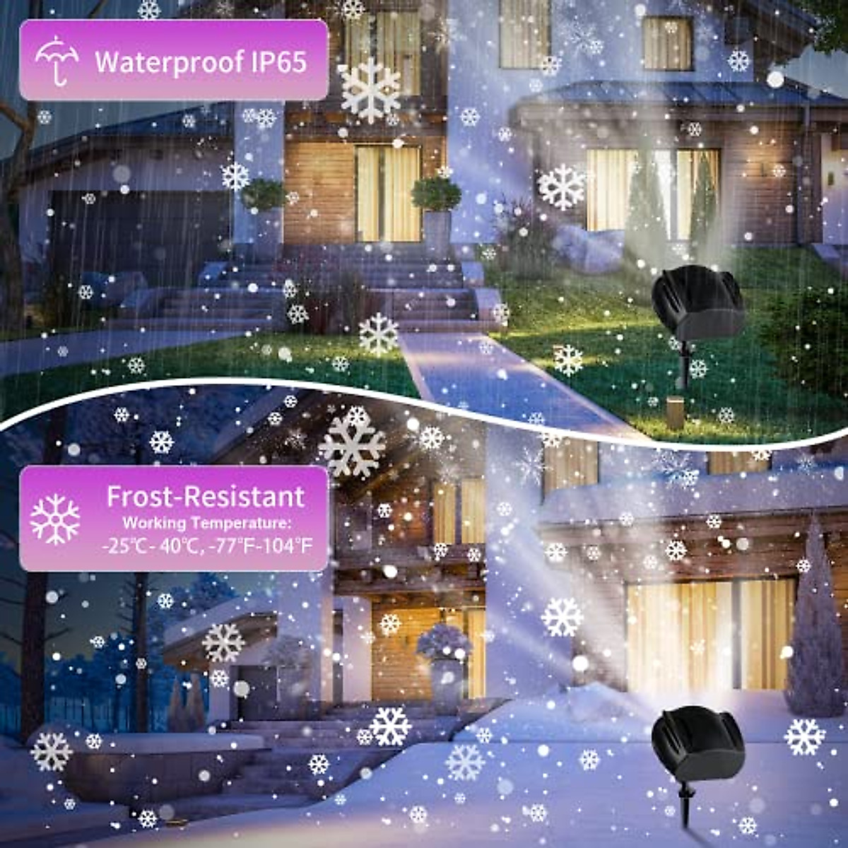 Christmas Snowflake Projector Lights, IP65 Waterproof LED Snowfall Spotlight Projector, Upgrade Rotating LED Snowfall Projection Lamp for Halloween Xmas Party Holiday Garden