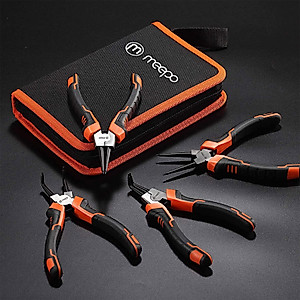M MEEPO Snap Ring Pliers Set, Heavy Duty 4-piece 7-Inch Internal External Circlip, Straight Bent C-clip Pliers Lock Pliers, 5/64" Tip, for Ring Remover Retaining, with Portable Pouch