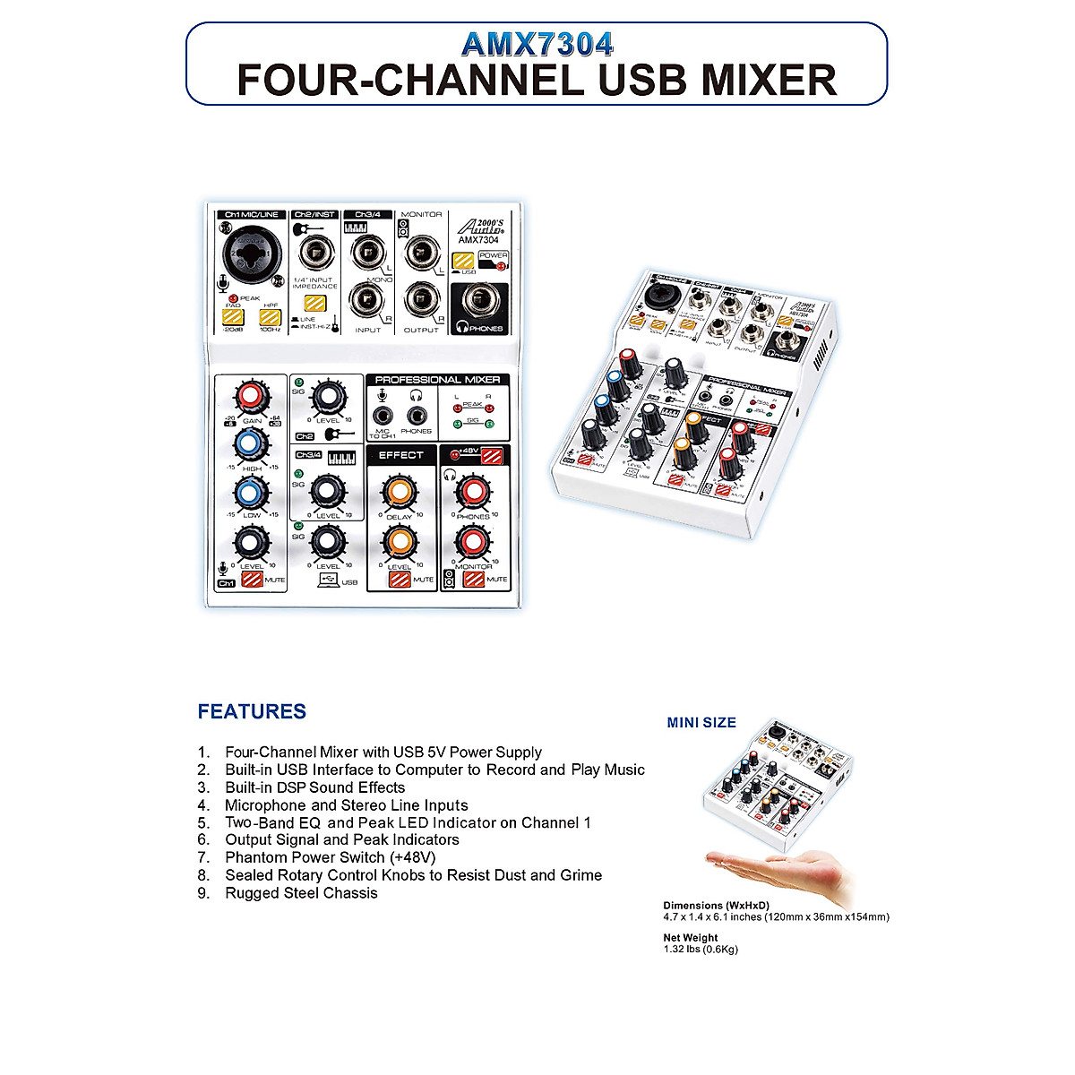 Audio2000'S S7304 USB-Powered Four-Channel Audio Mixer with USB Interface and Sound Effect