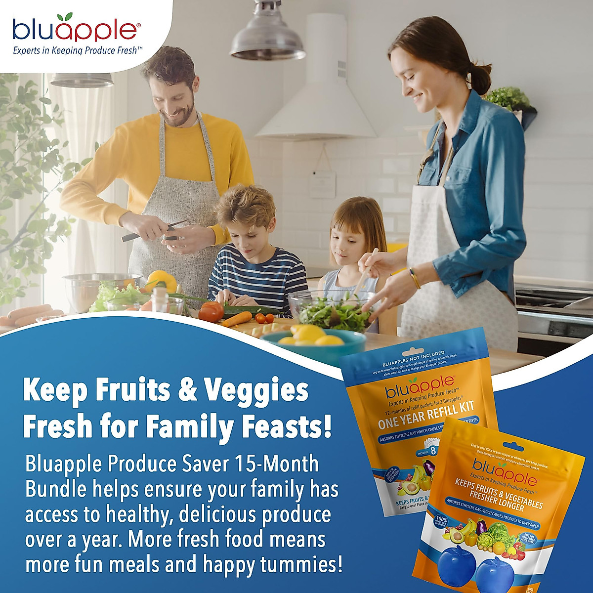 Bluapple Classic Produce Saver 15-Month Bundle, Vegetable & Fruit Fresh Produce Protector, Ethylene Gas Absorber, Food Freshness Extender, Fresh Fruit Preserver, Vegetable Saver, USA-Made BPA-Free