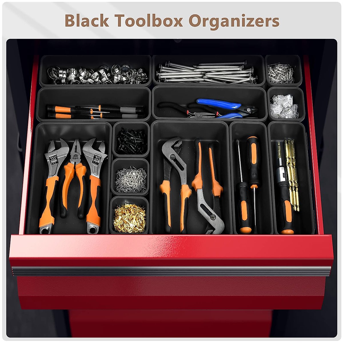 A-LUGEI【𝟱𝟴𝗣𝗰𝘀】【5 Size】 Tool Box Organizer Tray Divider Set, 【Black】 Desk Drawer Organizer, Garage Organization and Storage Toolbox Accessories Rolling Tool Chest Cart Cabinet WorkBench Small Part