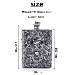 GOHQ Hip Flask for Liquor for Men,999 Sterling Silver Leak proof Dragon Drinking Flasks Used for Gift,Camping, Outdoor Activitie,Groomsman Bridesmaid Wedding Party